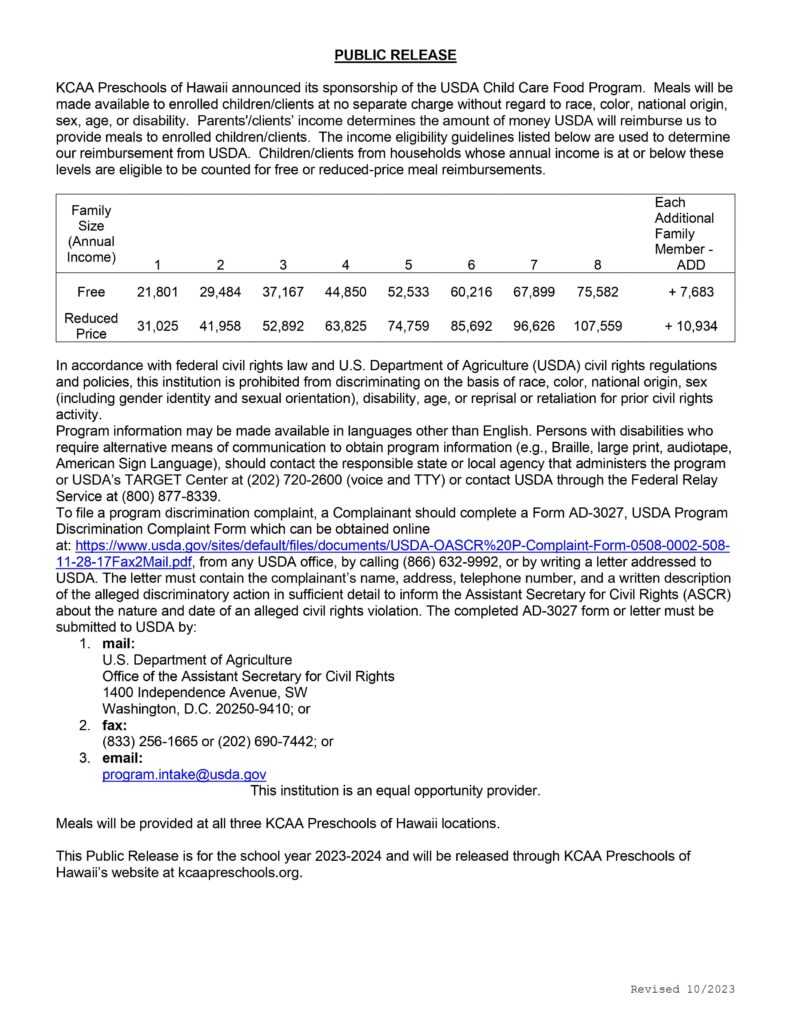 USDA Public Release - KCAA Preschools