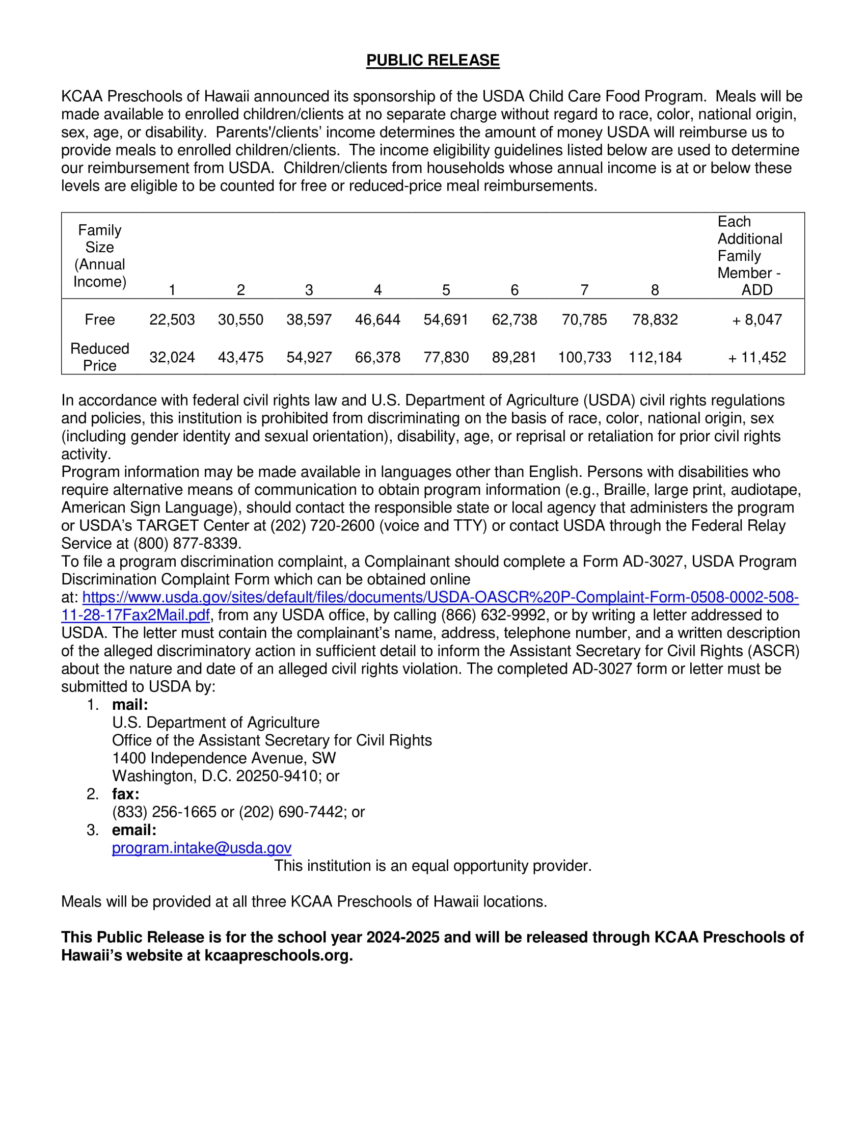 USDA Public Release - KCAA Preschools